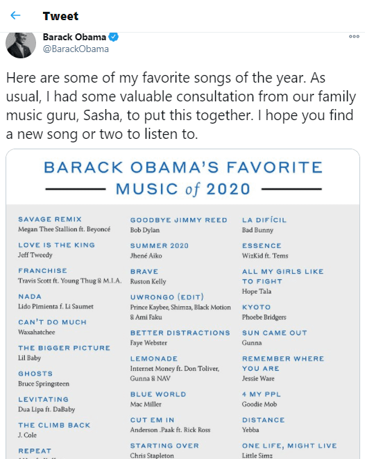 Wizkid & Tems Make Obama's 2020 Playlist | Notjustok