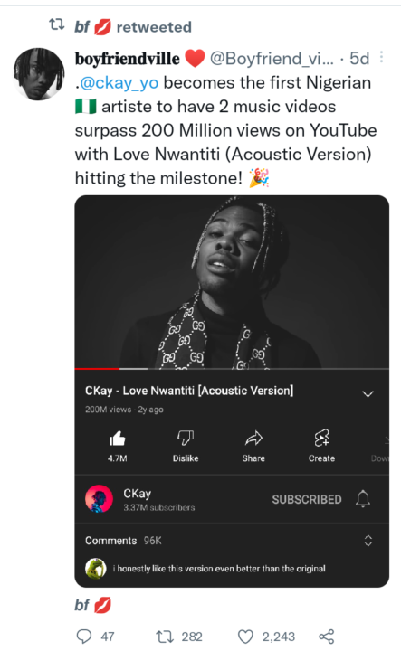 First Nigerian Artist To Have 2 Videos Hit 200 Million Views on YouTube